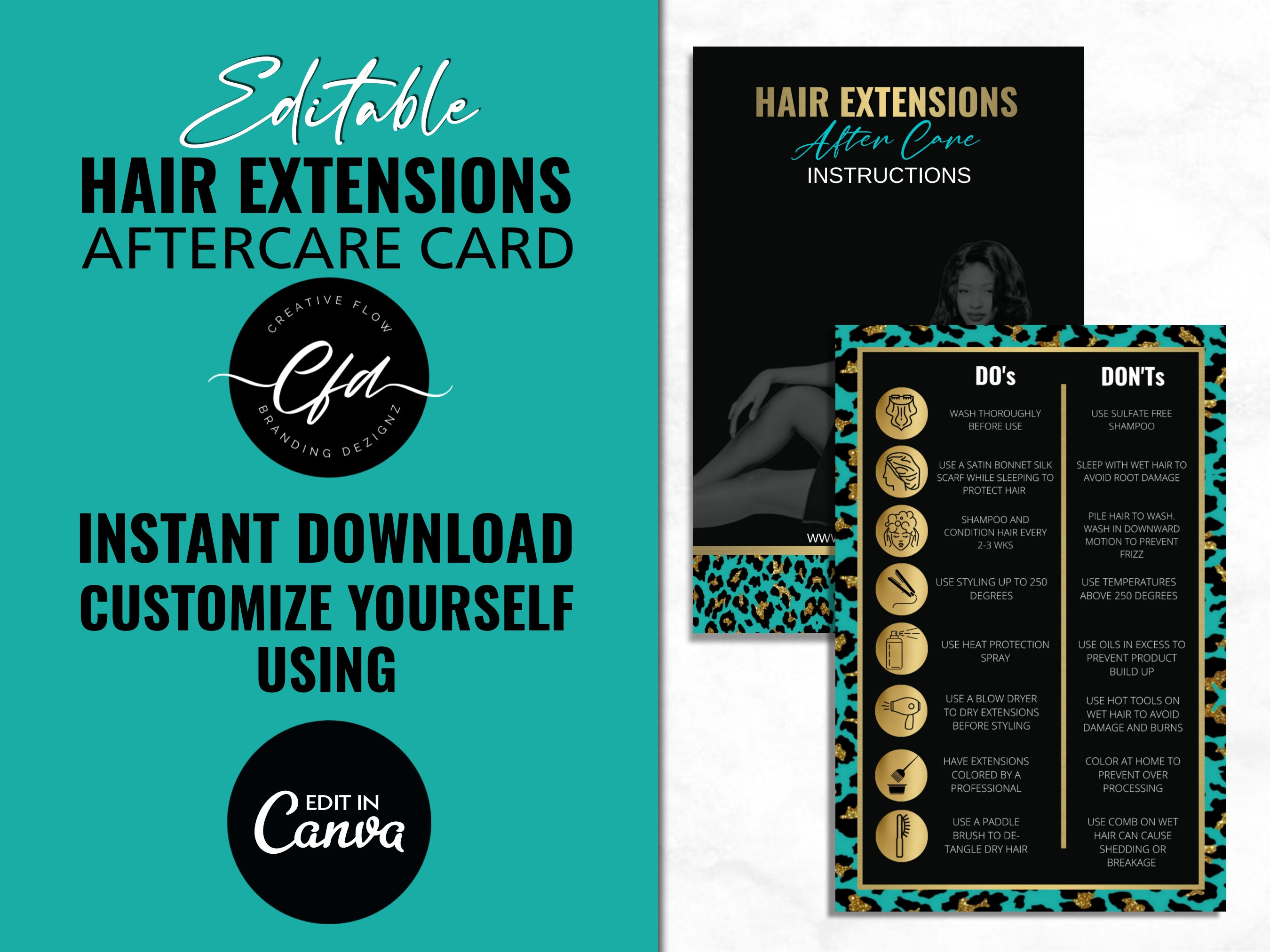 Editable Hair Extension Care Cards, DIY Hair Bundle Aftercare Cards ...