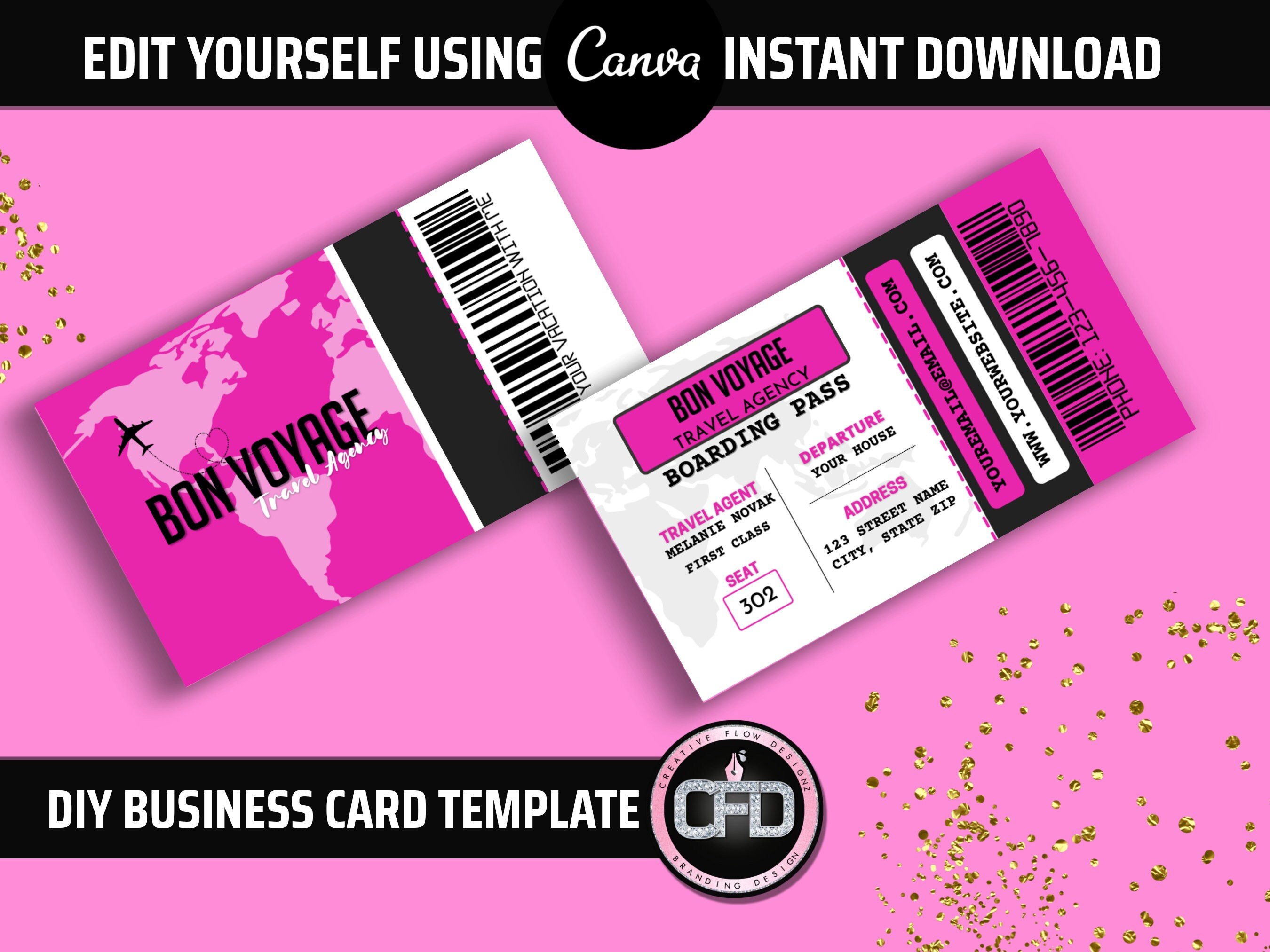 Diy Boarding Pass Business Card Template Editable Travel Etsy