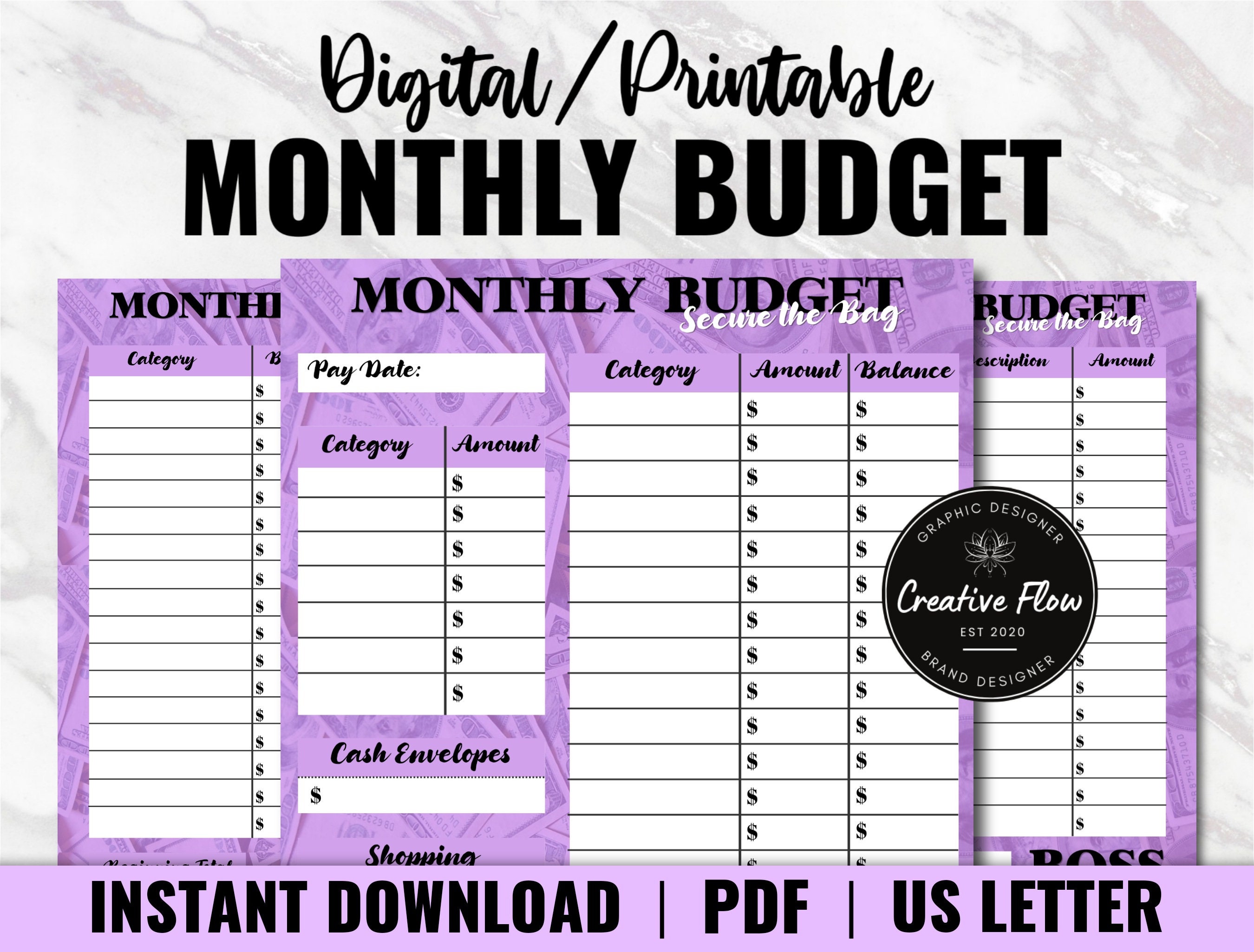 Purple Money Printable Monthly Budget Template, Monthly Expense Tracker ...