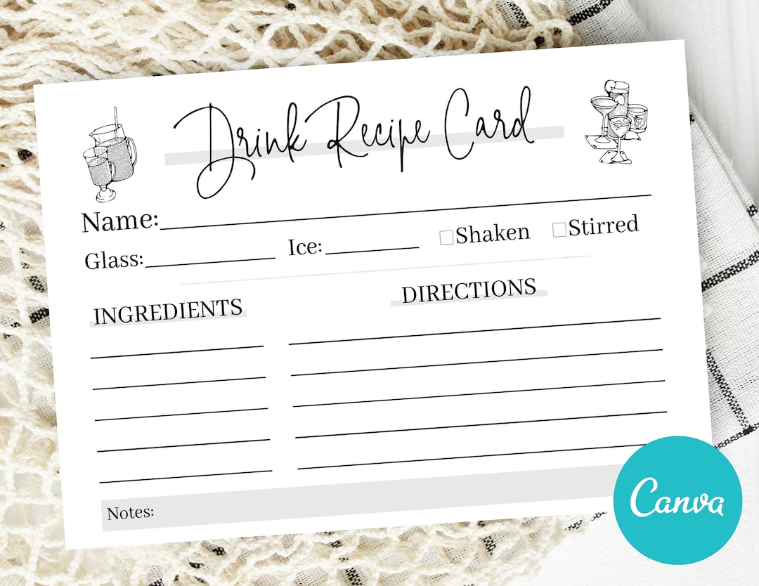 Editable Drink Recipe Card Template, Printable Cocktail Bar Recipe Card ...