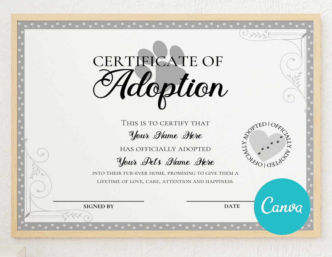 Editable Cat Dog Pet Adoption Certificate, Adopt an Animal, Printable ...
