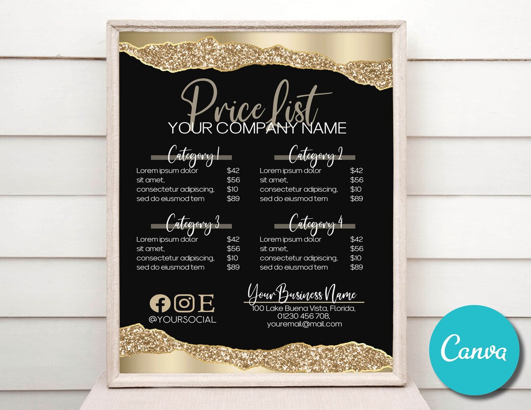Gold Black Editable Price List Template, Custom Salon Bakery Price List ...