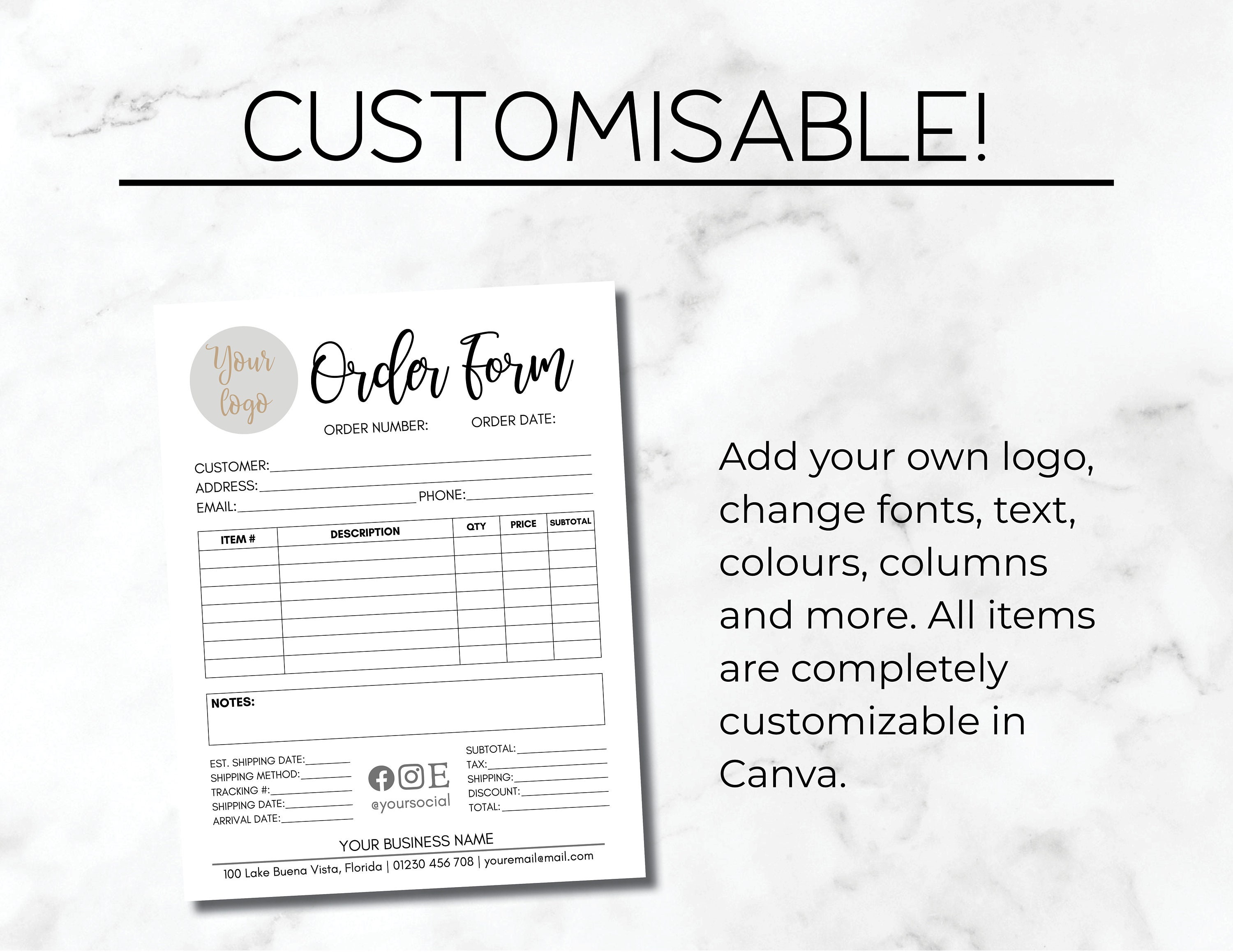 Editable Order Form Custom Template, Printable Purchase Order Form ...