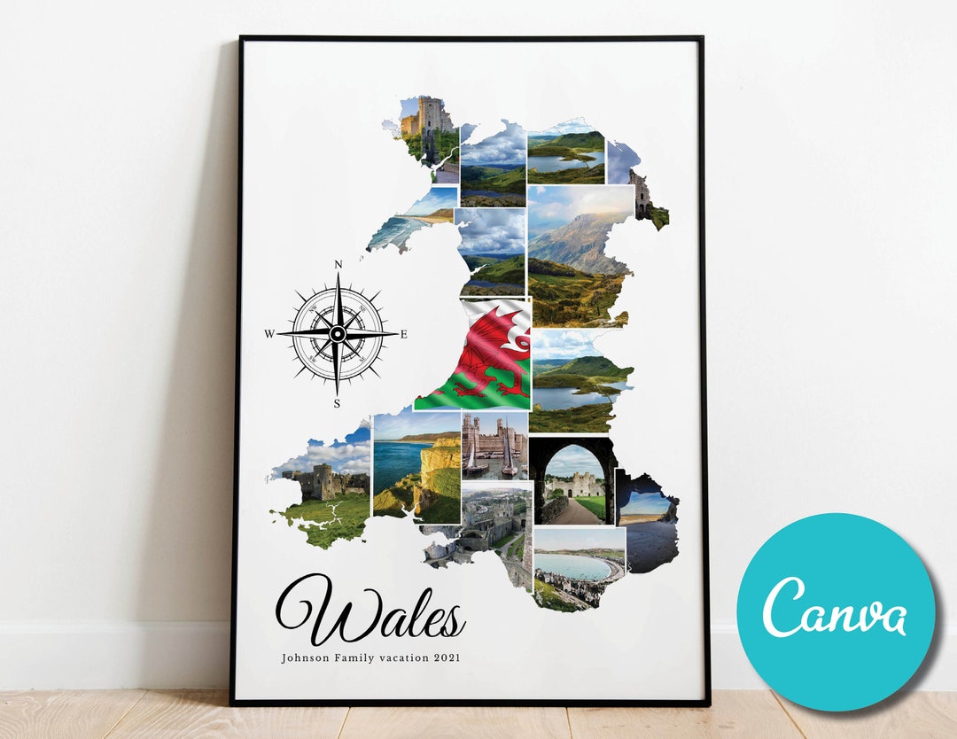 Wales Map Travel Photo Collage Poster Wedding Anniversary Gift, Wales ...
