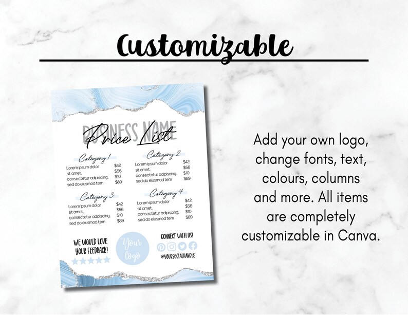 Blue Editable Price List Template, Custom Salon Bakery Price List ...