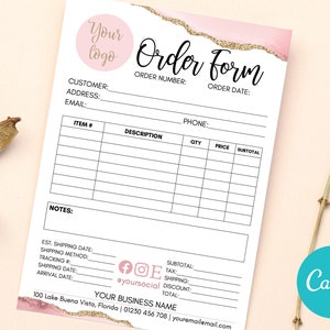 Pink Editable Order Form Custom Template, Printable Purchase Order Form ...