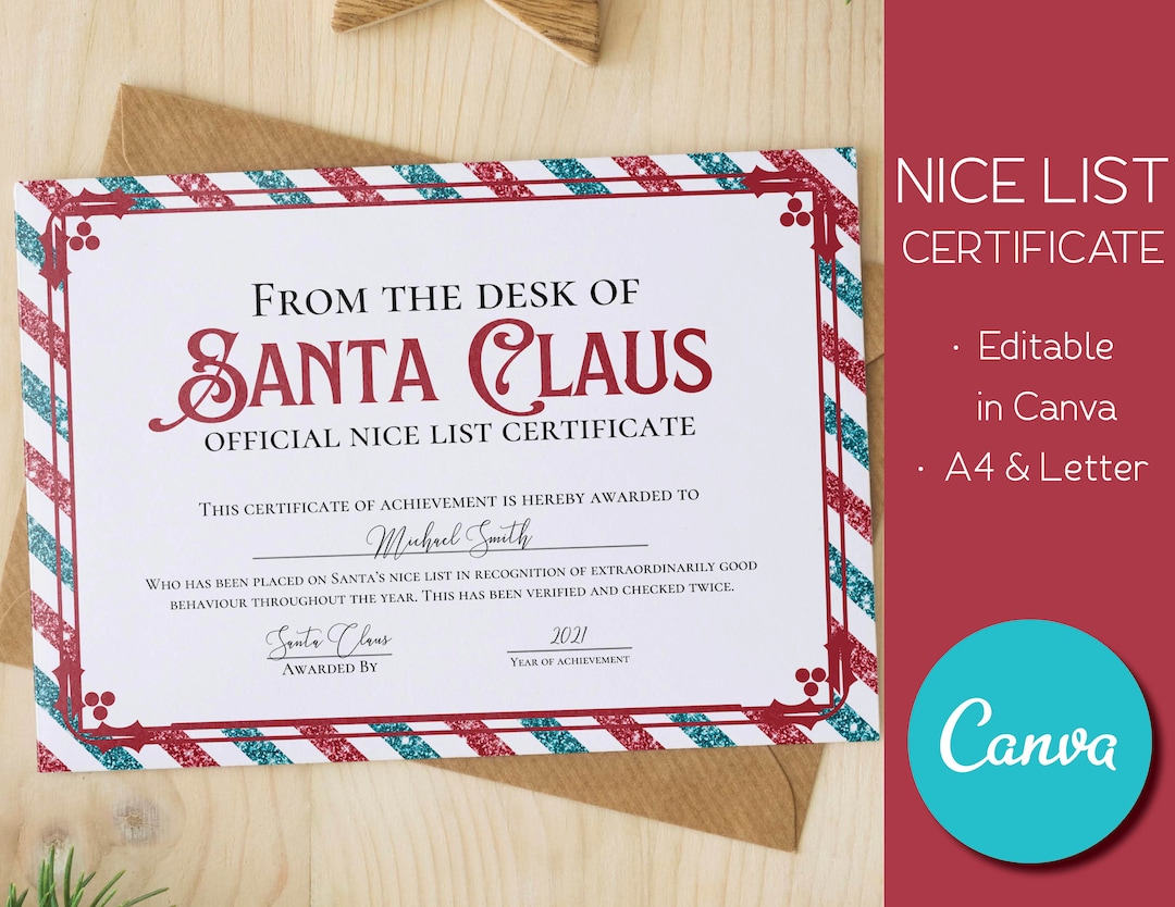 Santa Nice List Editable Certificate | Nice List Santa Kids Certificate ...
