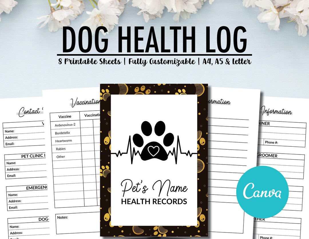Dog Health Record Vaccine Log Immunization Printable, Customizable Dog ...