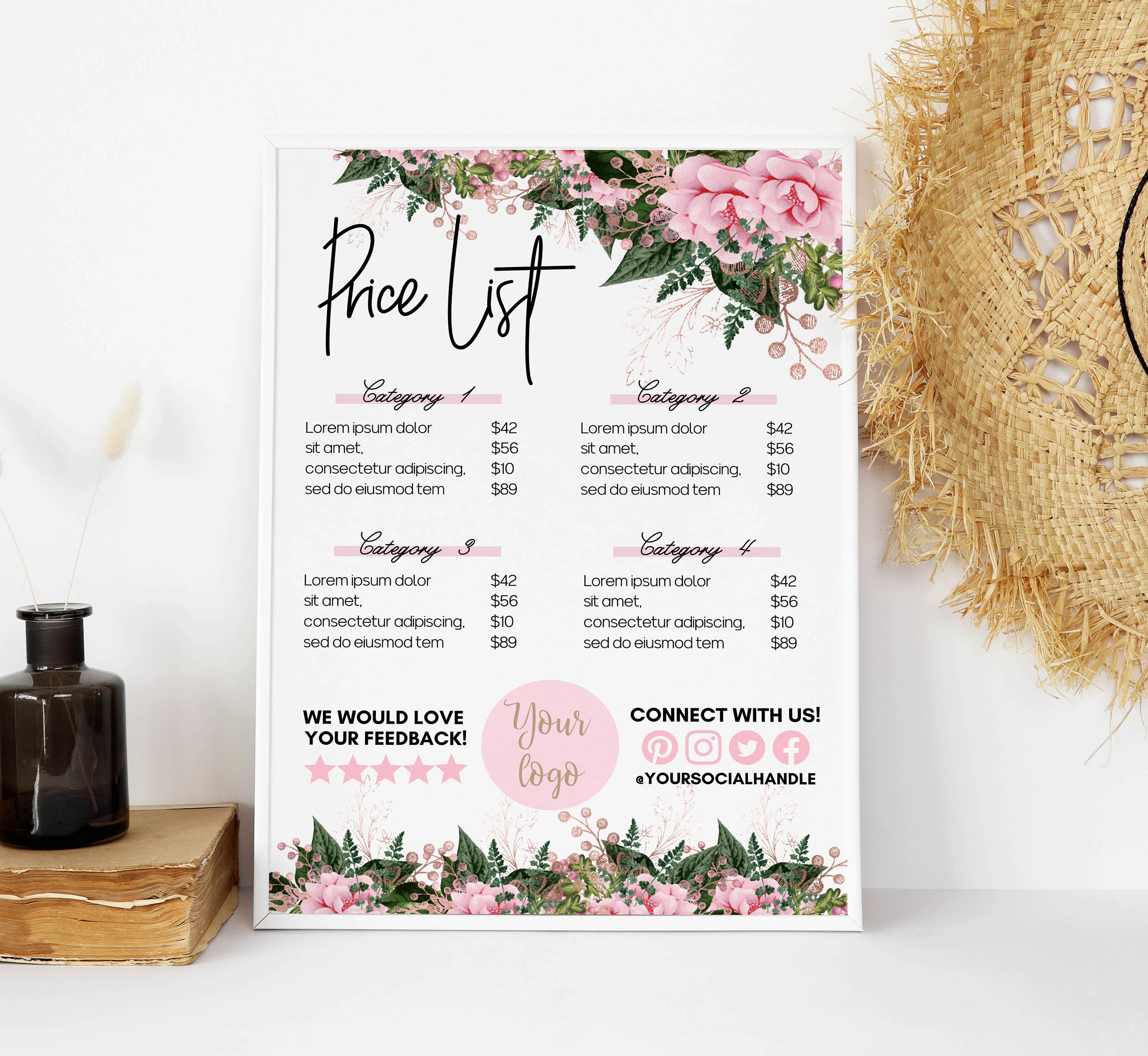 Pink Flower Editable Price List Template Custom Salon Bakery | Etsy