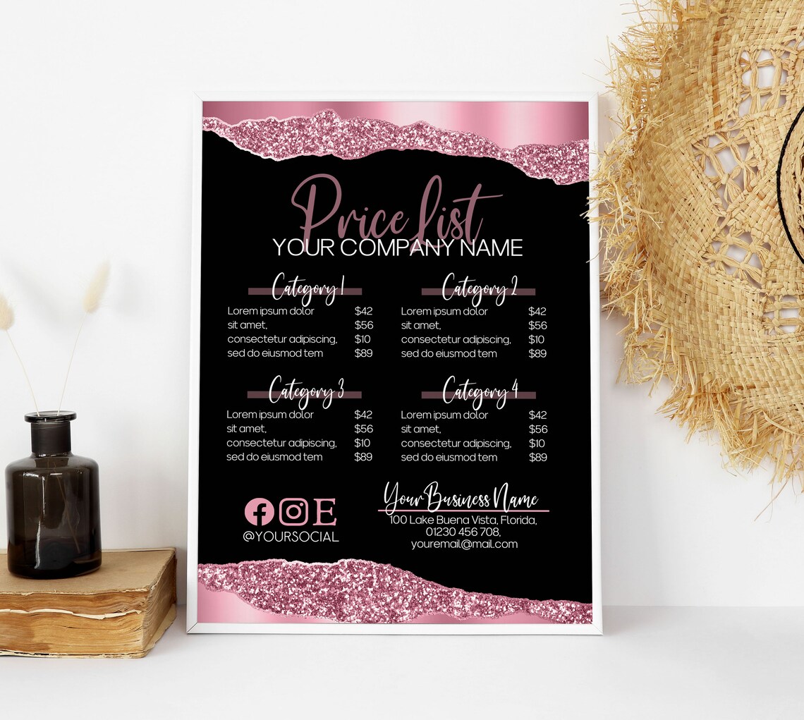 Pink Glitter Editable Price List Template Custom Salon Bakery - Etsy