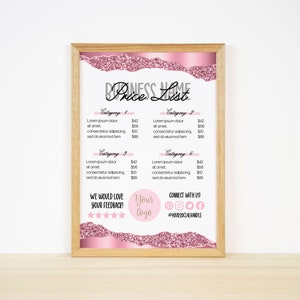 Pink Glitter Editable Price List Template, Custom Salon Bakery Price ...