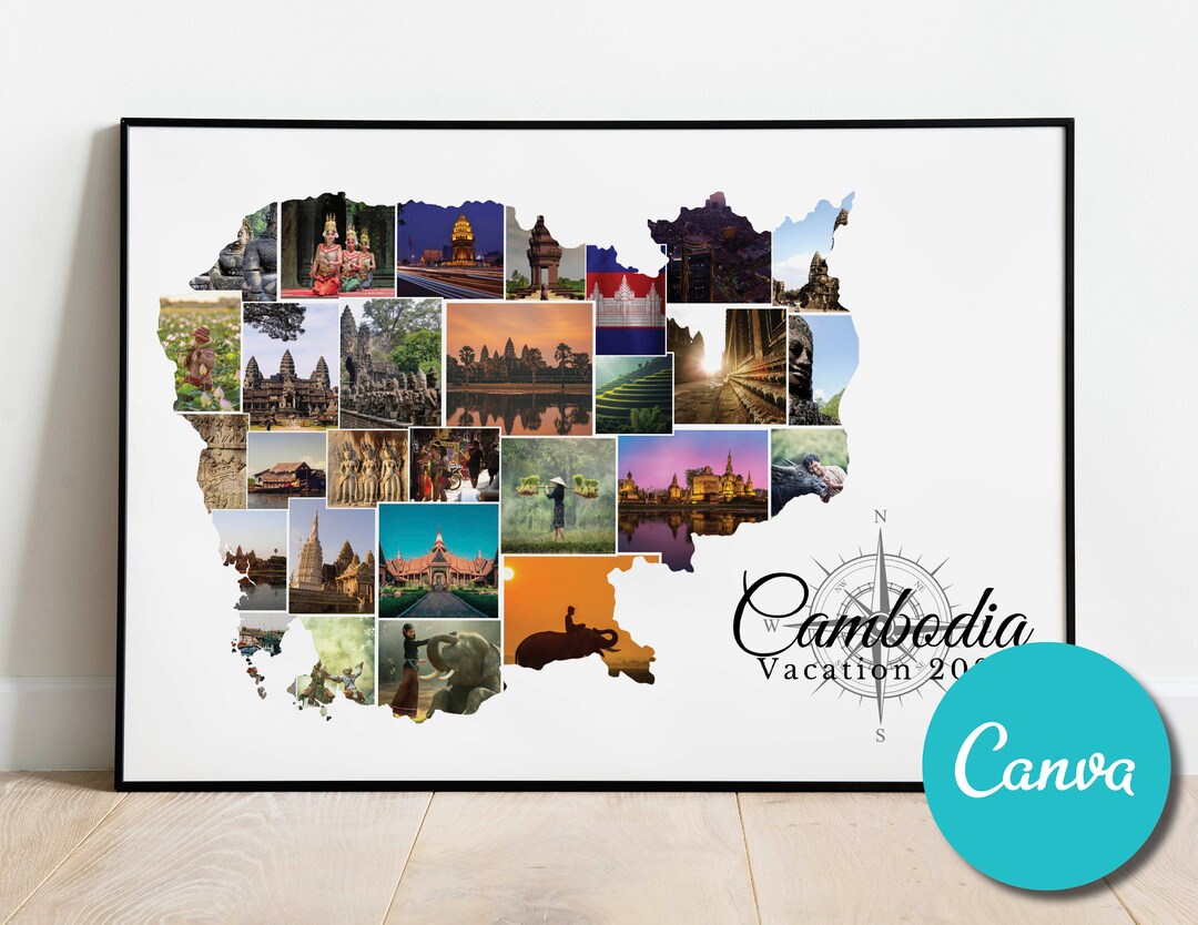 Cambodia Photo Collage Gift Map Wall Art, Cambodia Personalized Wedding ...