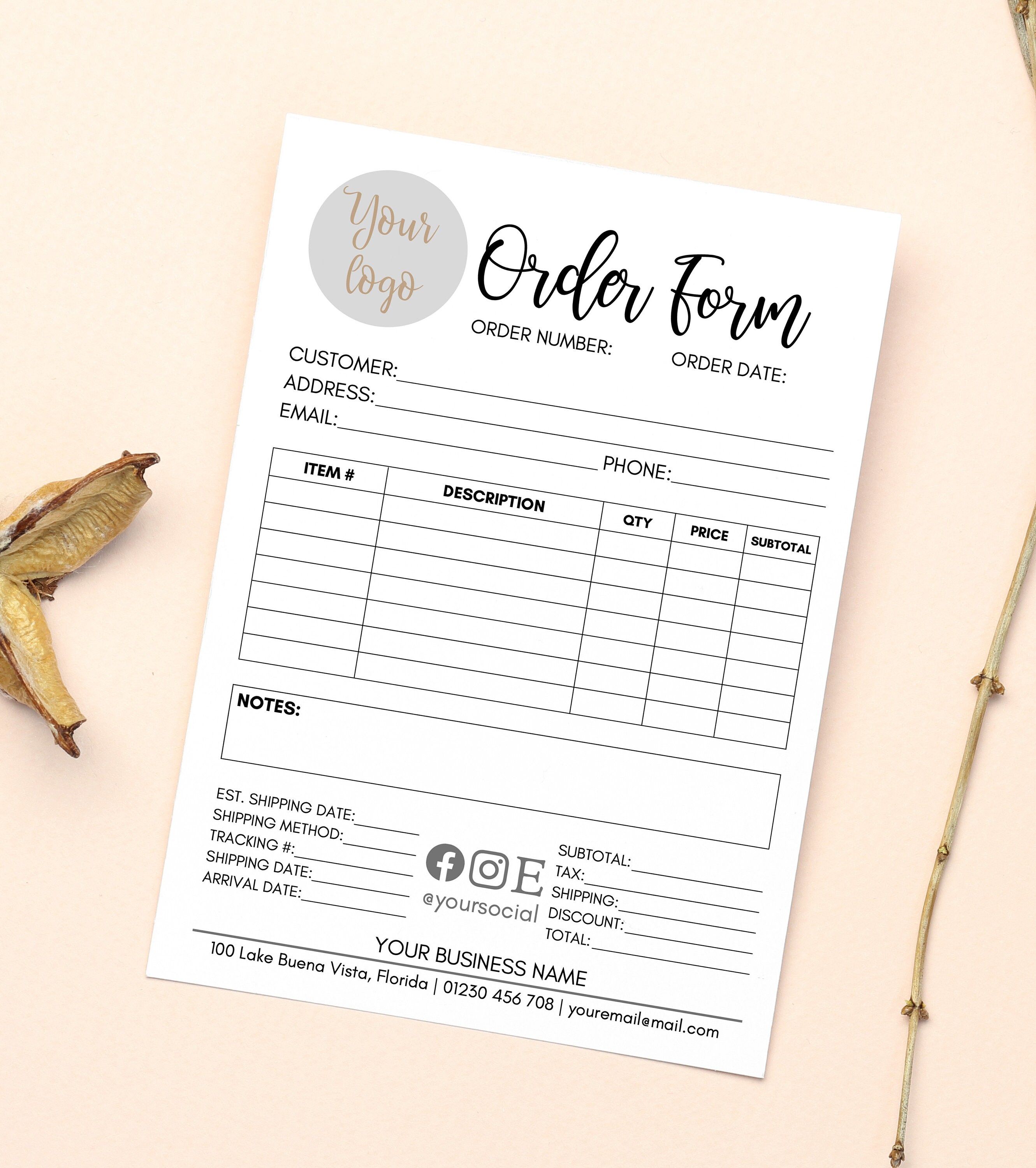 Editable Order Form Custom Template, Printable Purchase Order Form ...