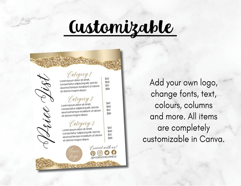 Gold Editable Price List Template Custom Salon Bakery Lash - Etsy