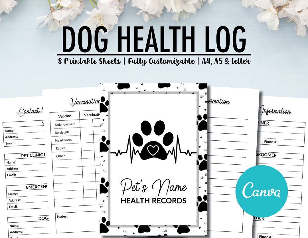 Dog Health Record Vaccine Log Immunization Printable, Customizable Dog ...
