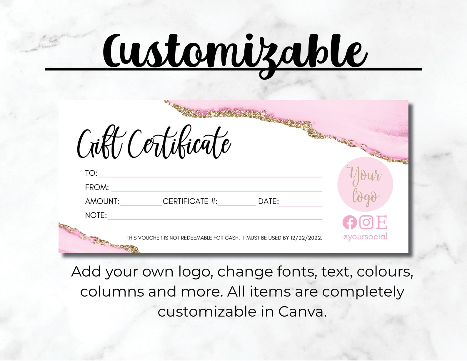 Pink Editable DIY Gift Card Certificate Template Gift Voucher - Etsy UK