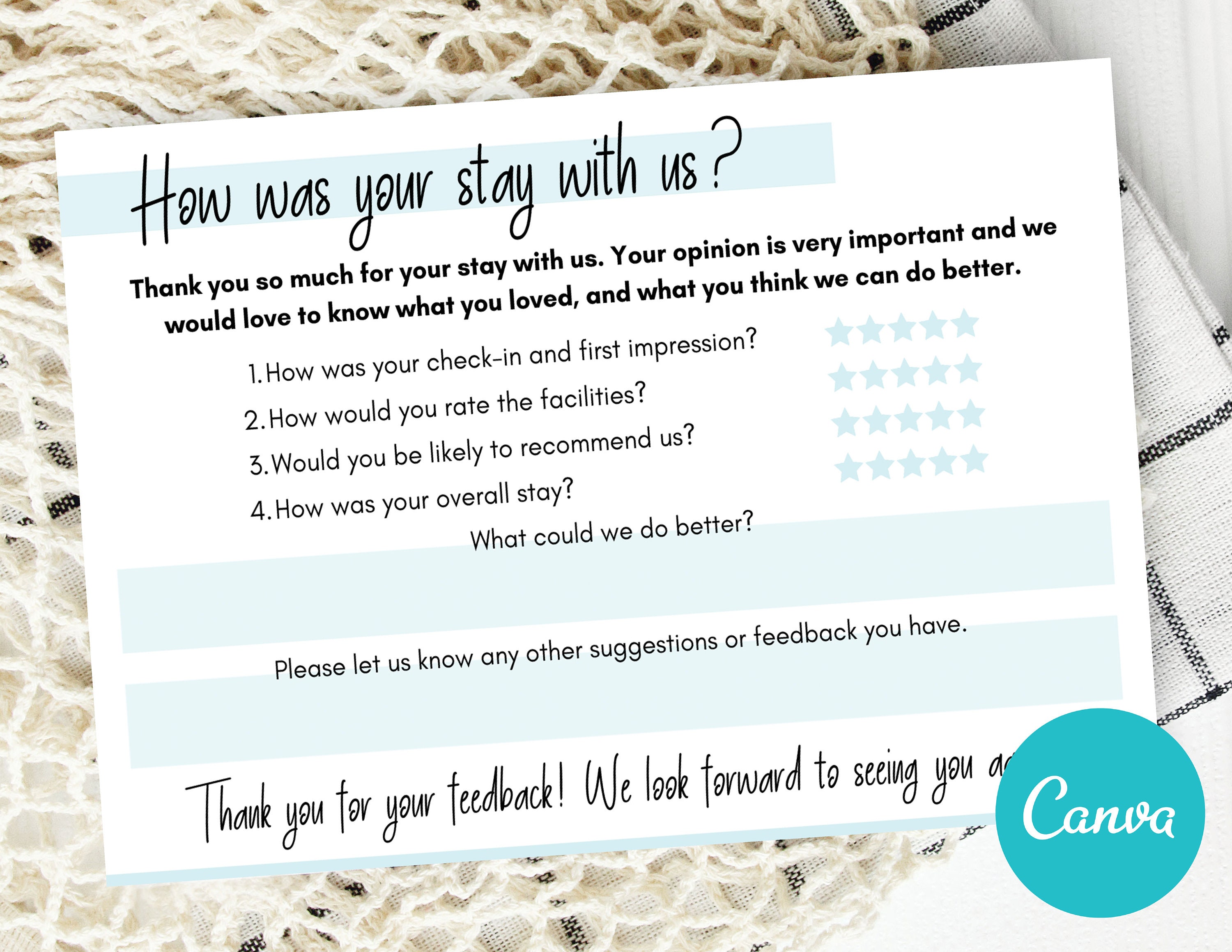 Guest Feedback Request Form Comment Card Template Airbnb | Etsy