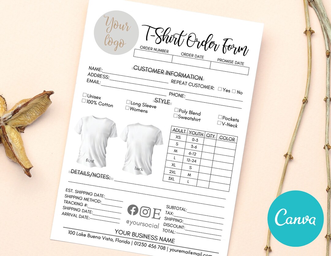 T-shirt Order Form Editable, Custom Tshirt Clothing Order Form, Craft ...
