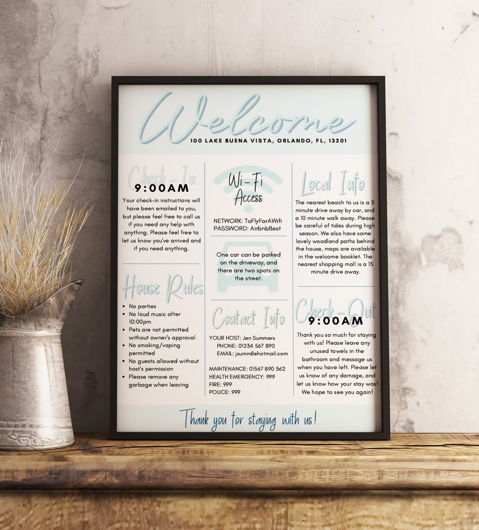 Airbnb Welcome Poster Template Sign, Airbnb Poster Editable Host Info ...