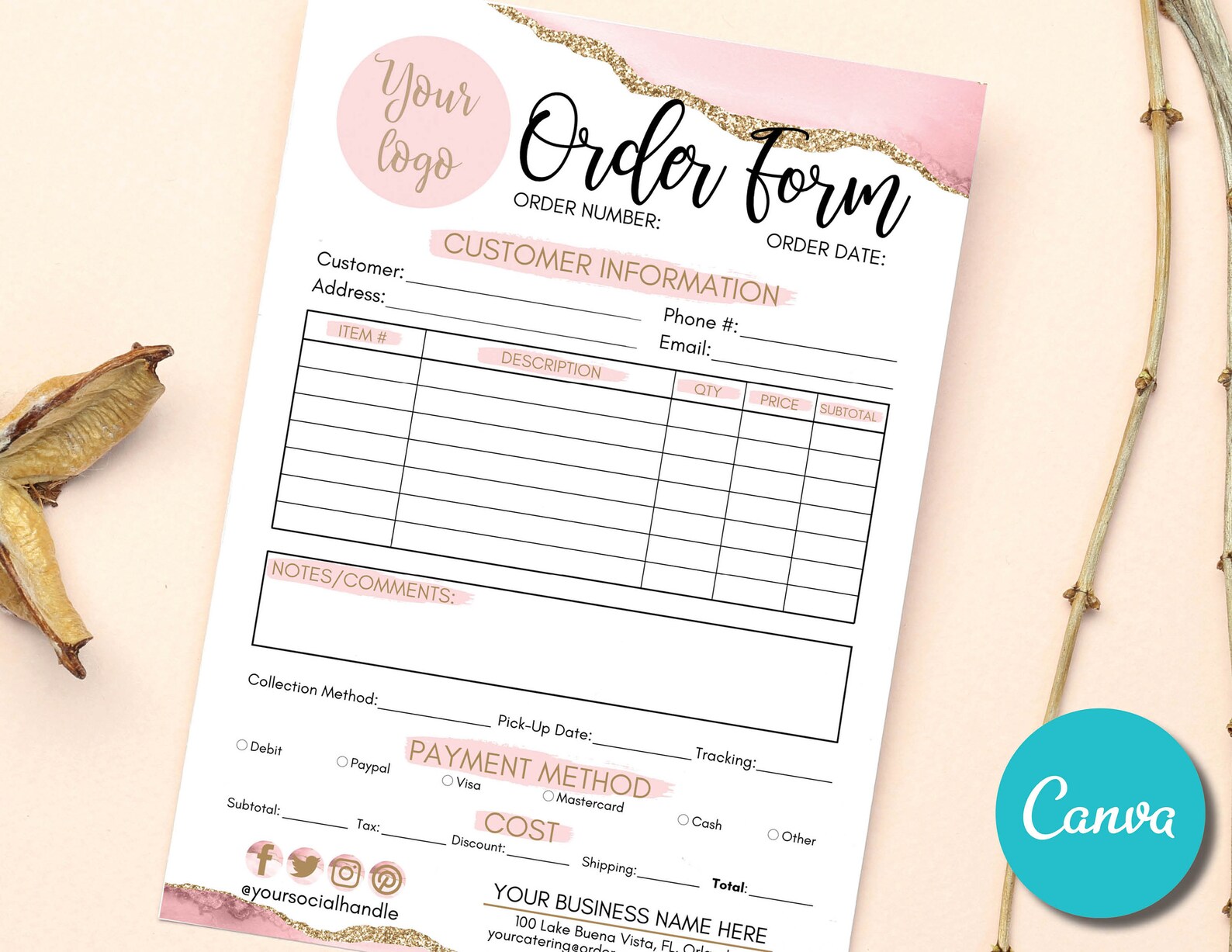 Pink Editable Order Form Custom Template Printable Purchase - Etsy UK
