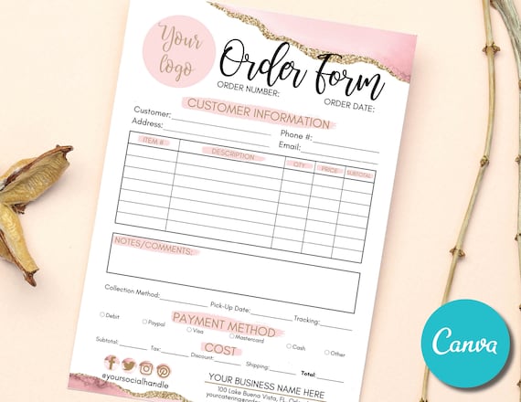Pink Editable Order Form Custom Template Printable Purchase - Etsy UK