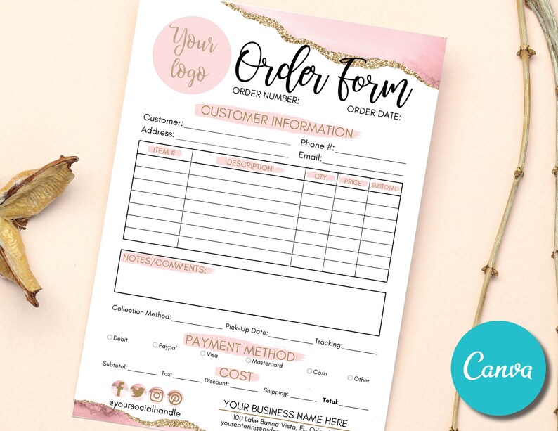 Pink Editable Order Form Custom Template Printable Purchase - Etsy UK