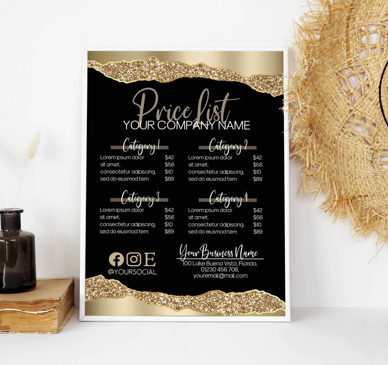 Gold Black Editable Price List Template, Custom Salon Bakery Price List ...