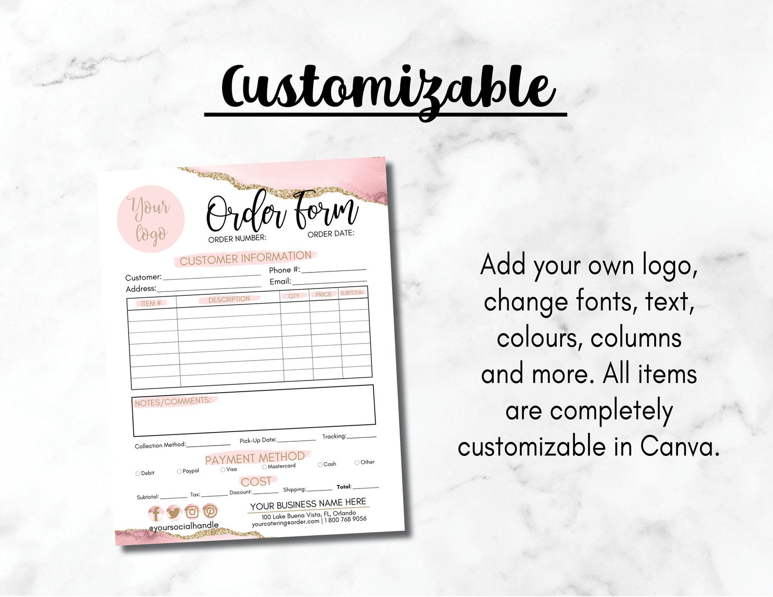 Pink Editable Order Form Custom Template, Printable Purchase Order Form ...