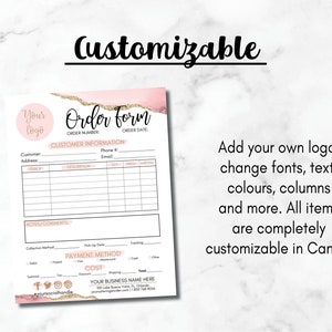Pink Editable Order Form Custom Template, Printable Purchase Order Form ...