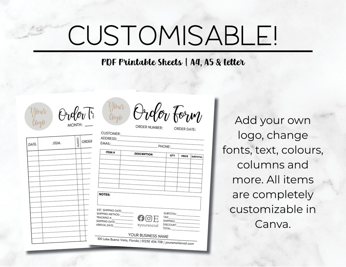 Editable Custom Order Form & Tracker Template, Printable Purchase Order Form, Small Business ...