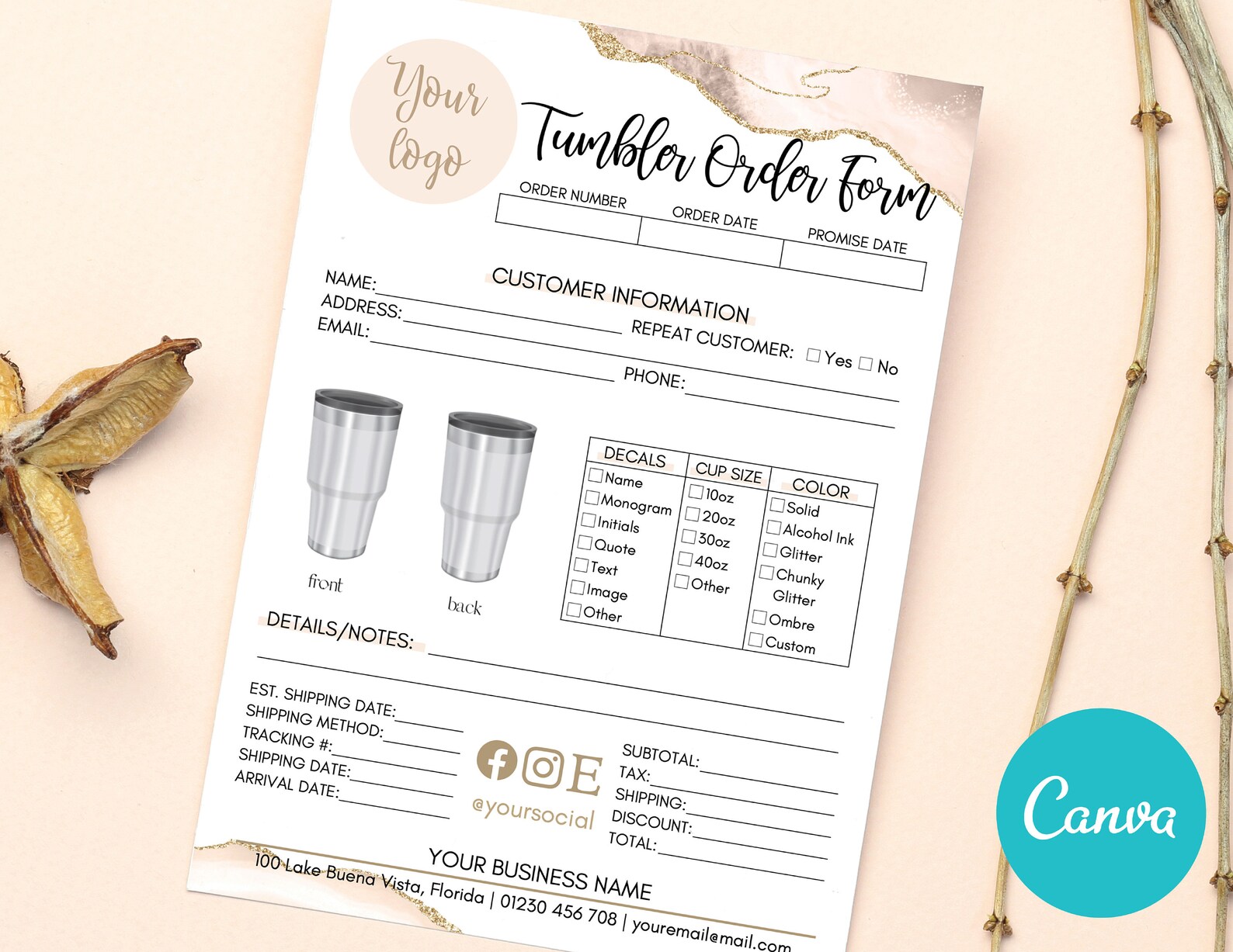 Tumbler Order Form Editable Template, Custom Tumbler Order Form, Craft Order Form, Small ...