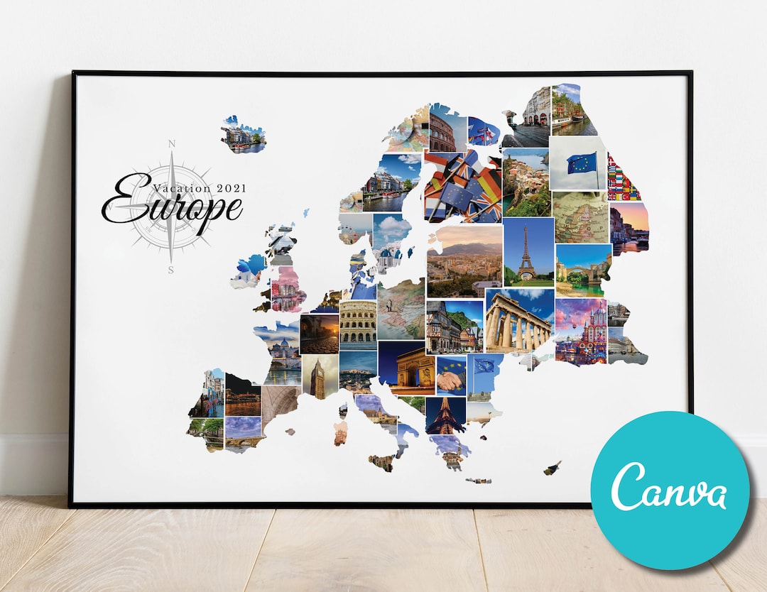 Europe Map Personalized Custom Photo Collage Wedding Anniversary Gift, Europe Vacation Editable ...