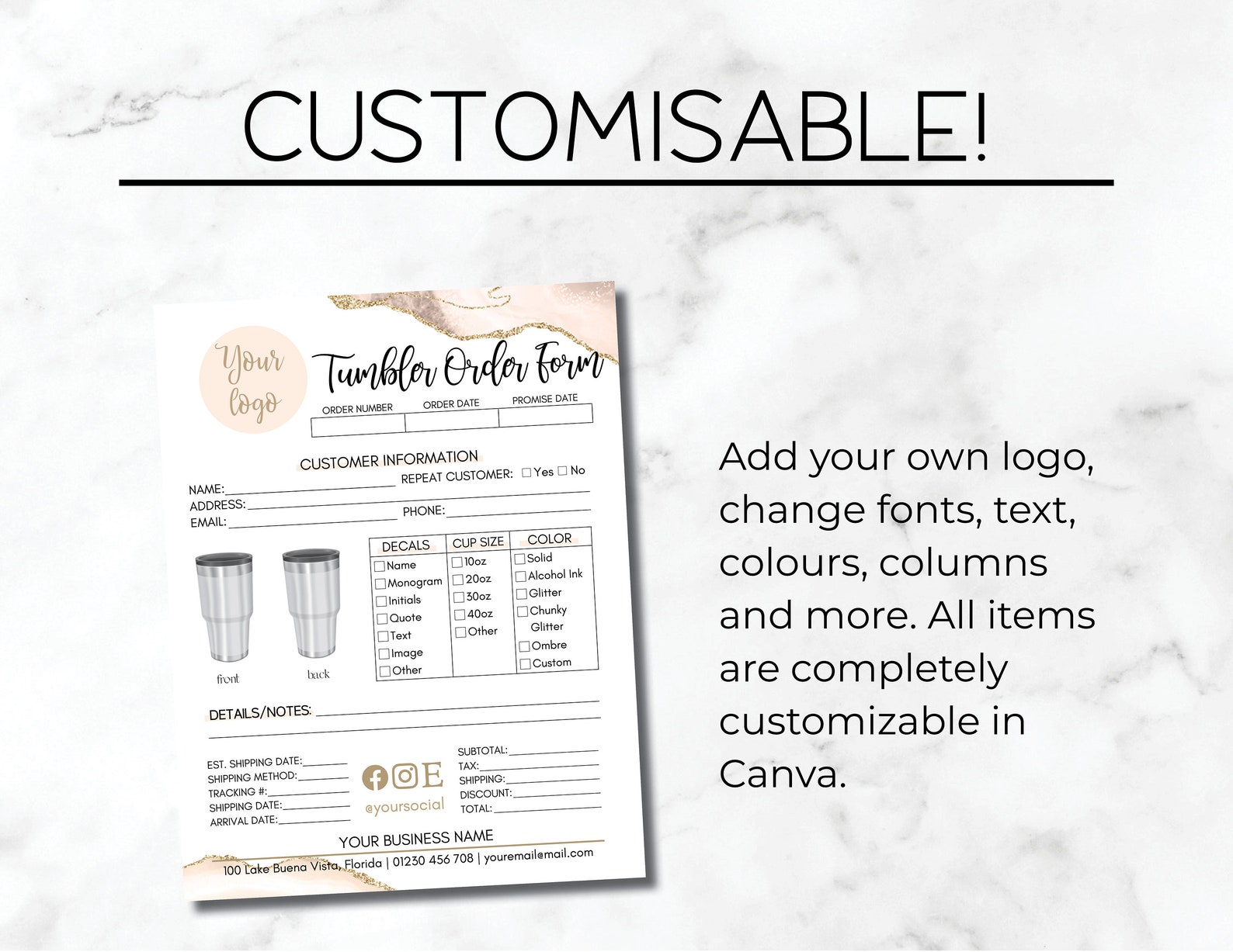 Tumbler Order Form Editable Template Custom Tumbler Order | Etsy