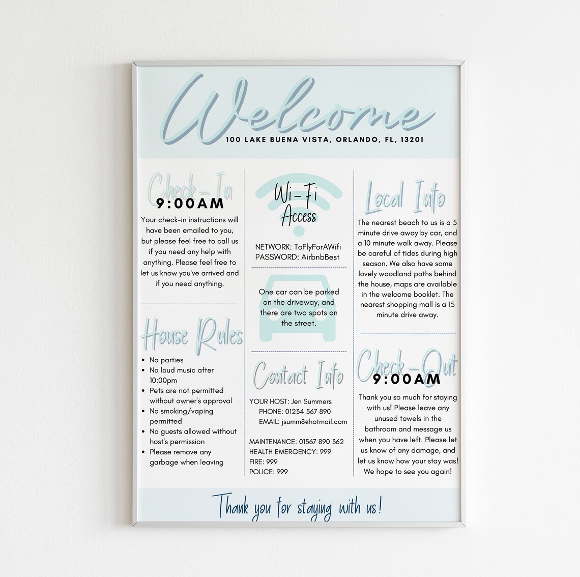Airbnb Welcome Poster Template Sign, Airbnb Poster Editable Host Info ...
