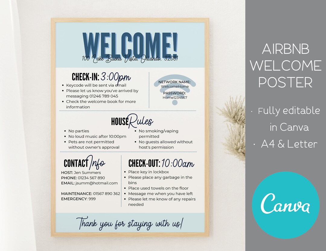 Airbnb Welcome Poster Template Sign, Airbnb Poster Editable Host Info ...