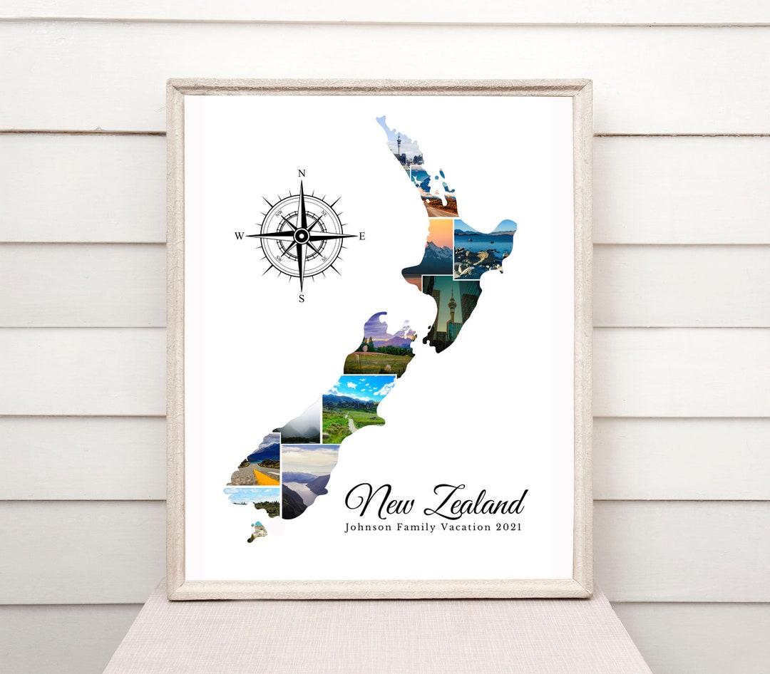 New Zealand Custom Photo Collage Map Gift Honeymoon Wedding Art, New ...