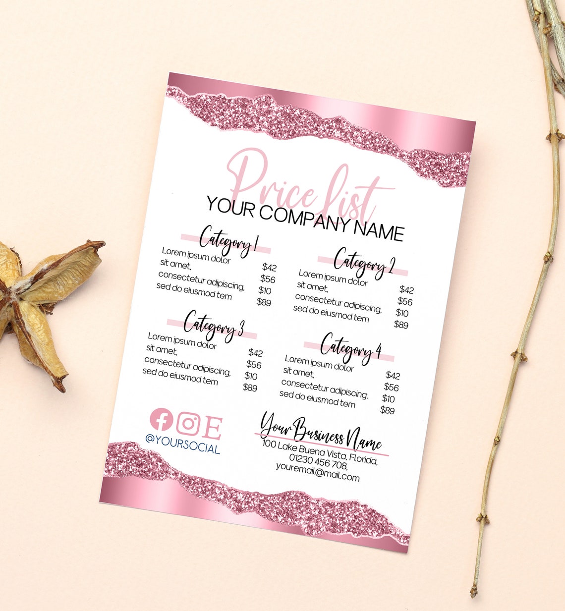 Pink Glitter Editable Price List Template Custom Salon Bakery - Etsy