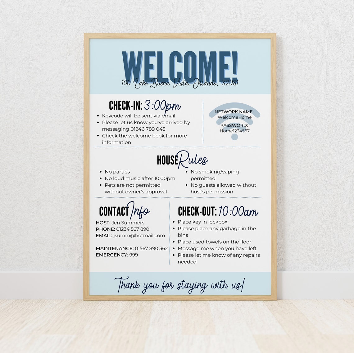 Airbnb Welcome Poster Template Sign, Airbnb Poster Editable Host Info ...