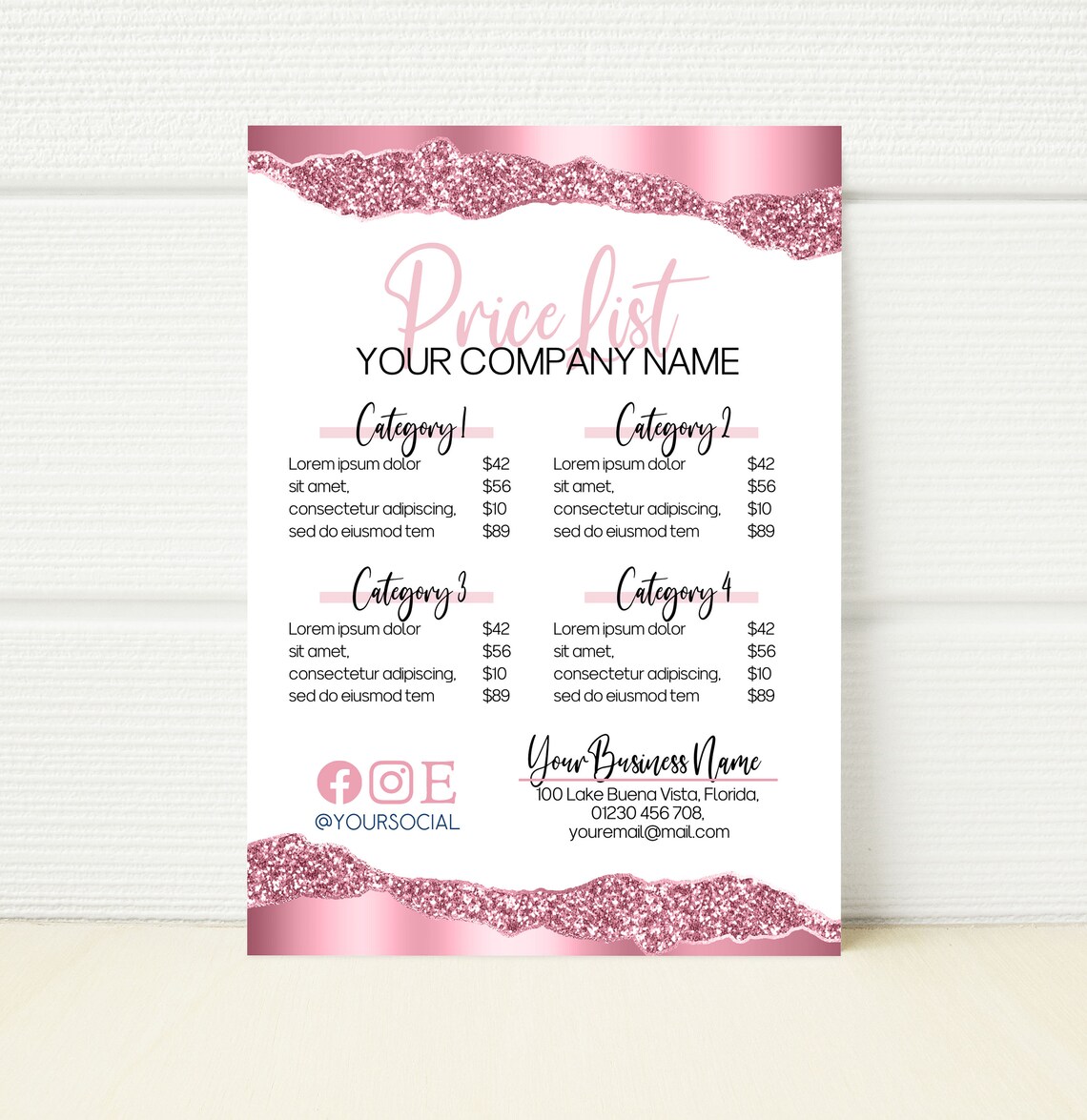 Pink Glitter Editable Price List Template Custom Salon Bakery - Etsy