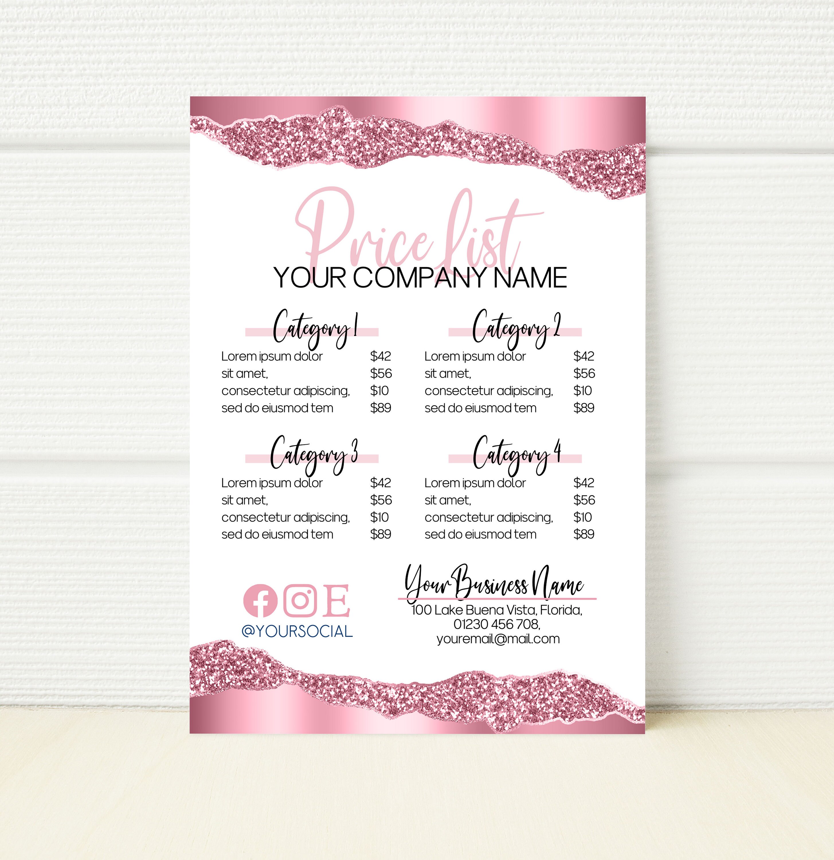 Pink Glitter Editable Price List Template Custom Salon Bakery - Etsy