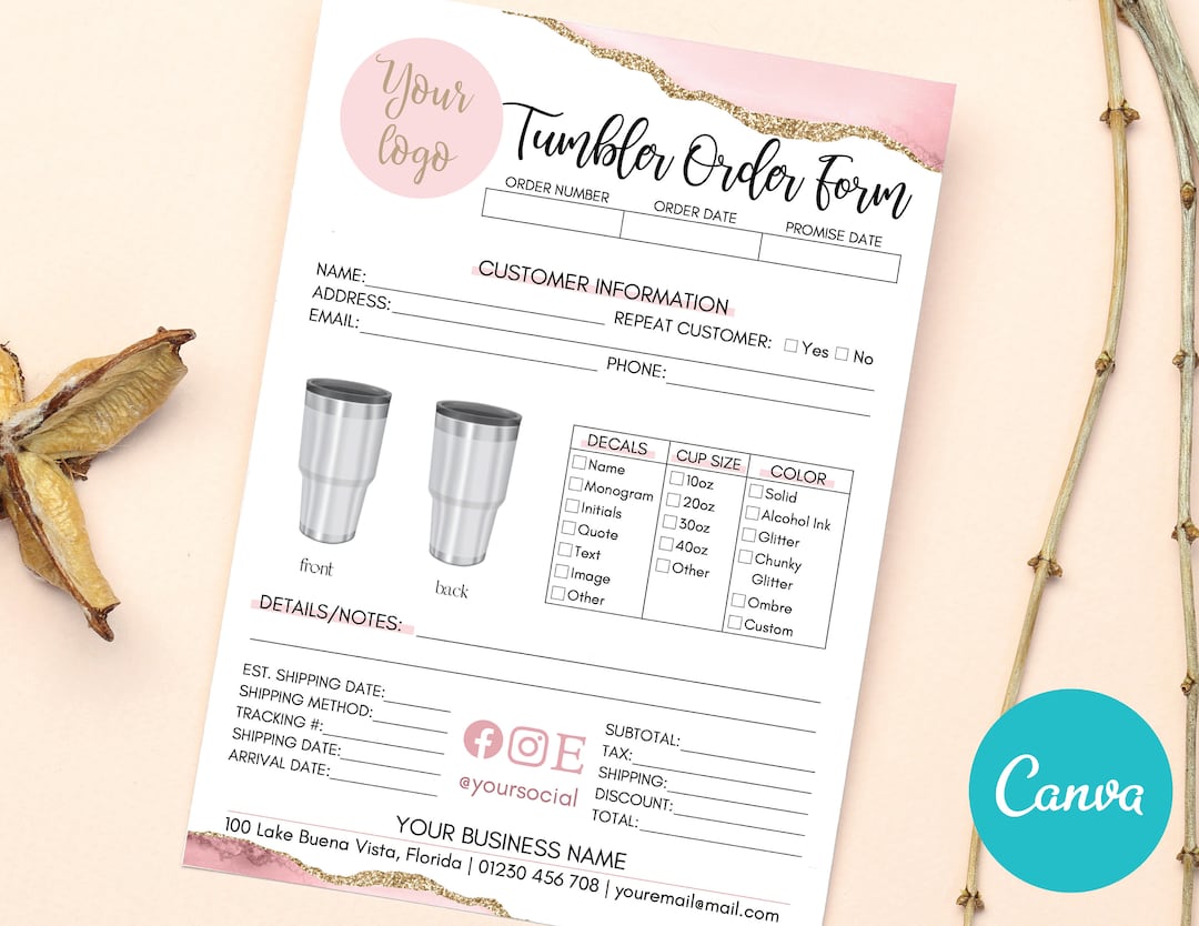Tumbler Order Form Editable Template, Custom Tumbler Order Form, Craft ...