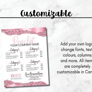 Pink Glitter Editable Price List Template, Custom Salon Bakery Price ...