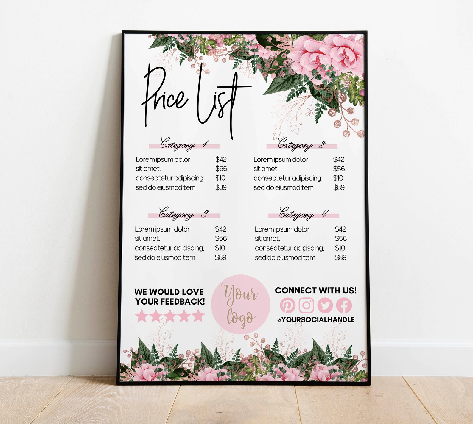 Pink Flower Editable Price List Template Custom Salon Bakery - Etsy