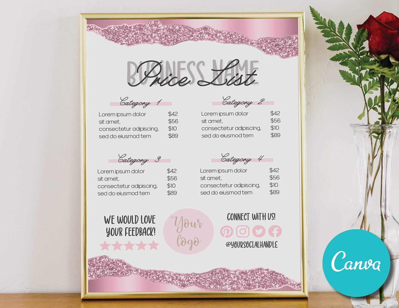 Pink Glitter Editable Price List Template Custom Salon Bakery | Etsy