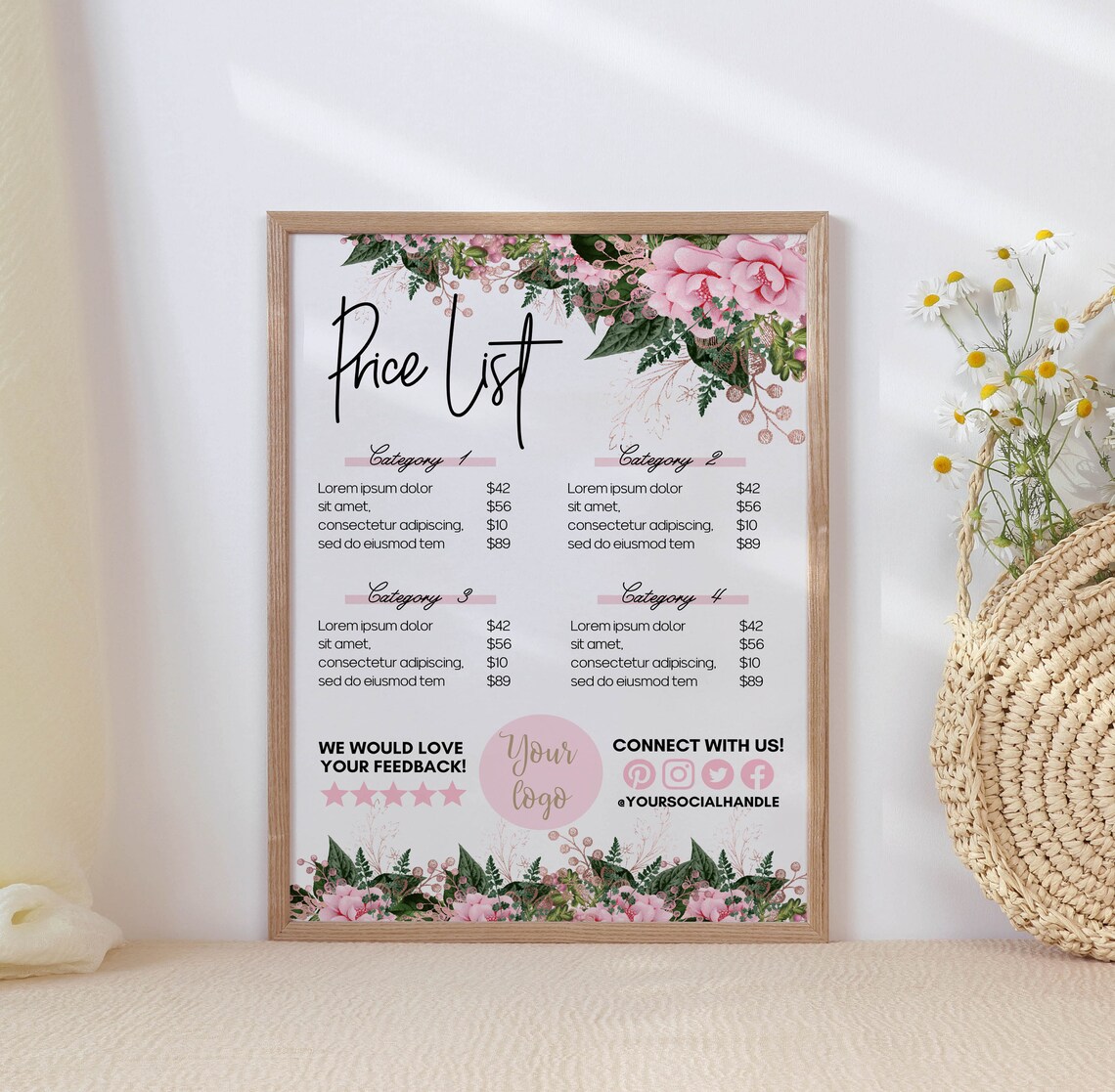 Pink Flower Editable Price List Template Custom Salon Bakery | Etsy