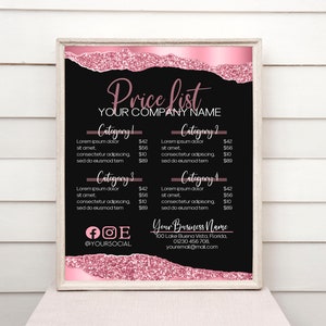 Pink Glitter Editable Price List Template, Custom Salon Bakery Price ...