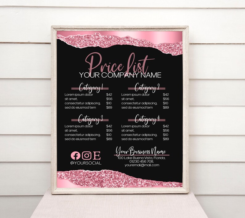 Pink Glitter Editable Price List Template Custom Salon Bakery - Etsy