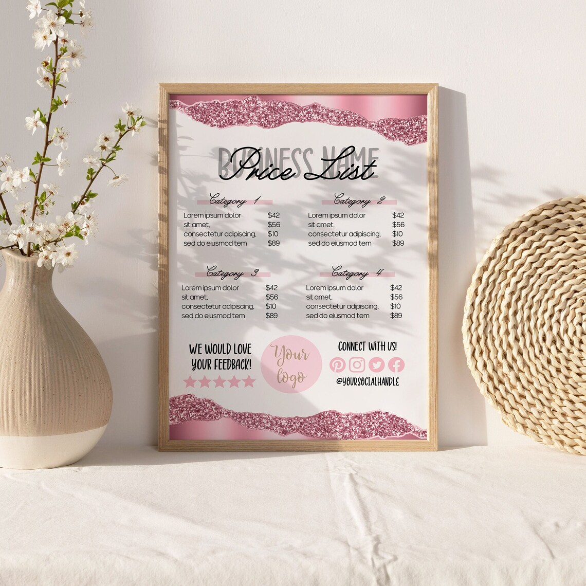 Pink Glitter Editable Price List Template Custom Salon Bakery | Etsy