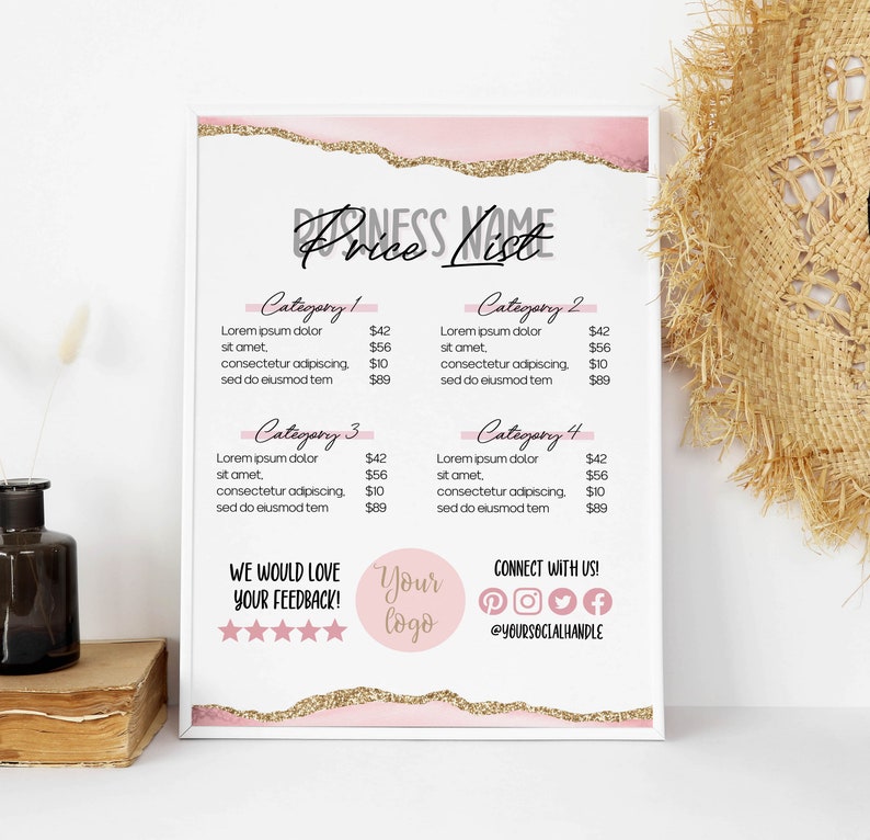 Pink Gold Editable Price List Template Custom Salon Bakery - Etsy