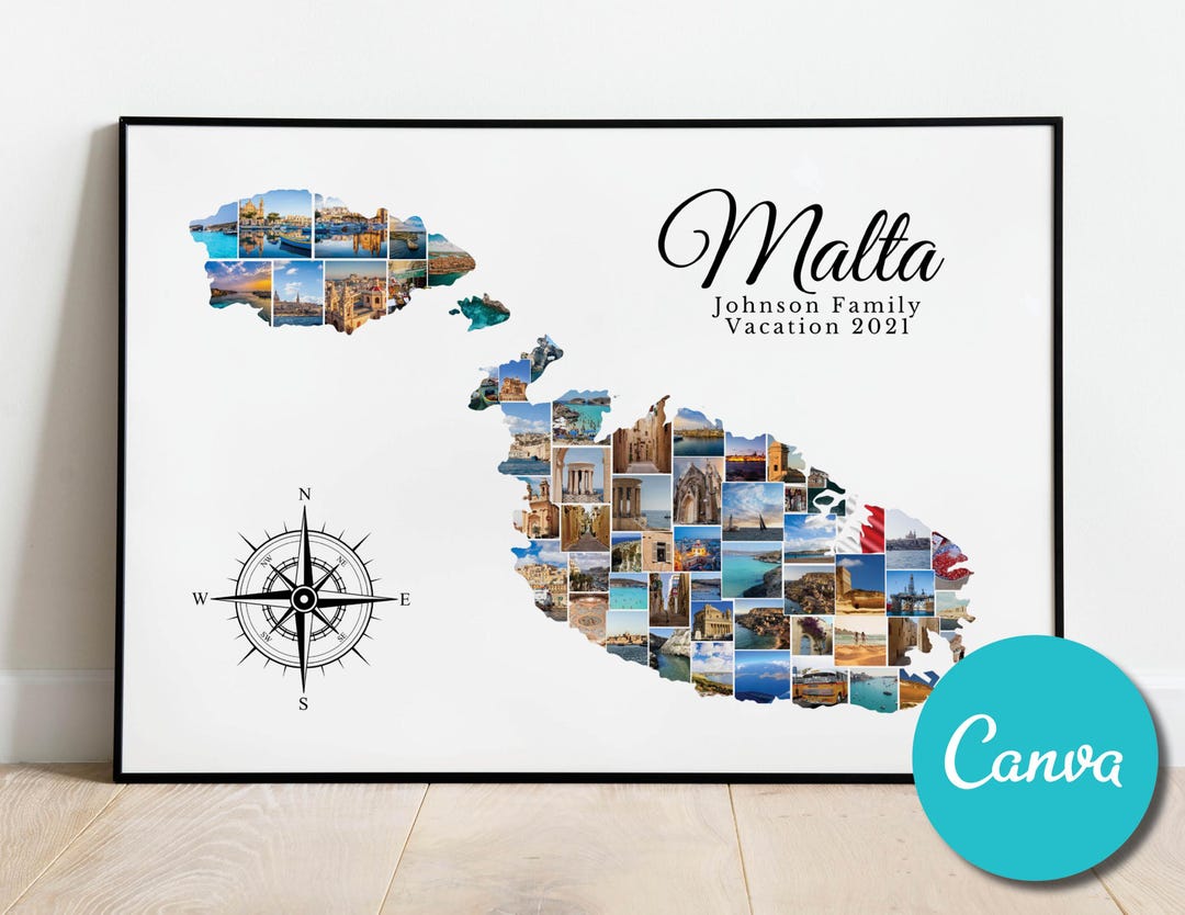 Malta Map Personalized Custom Photo Collage Wedding Anniversary Gift ...